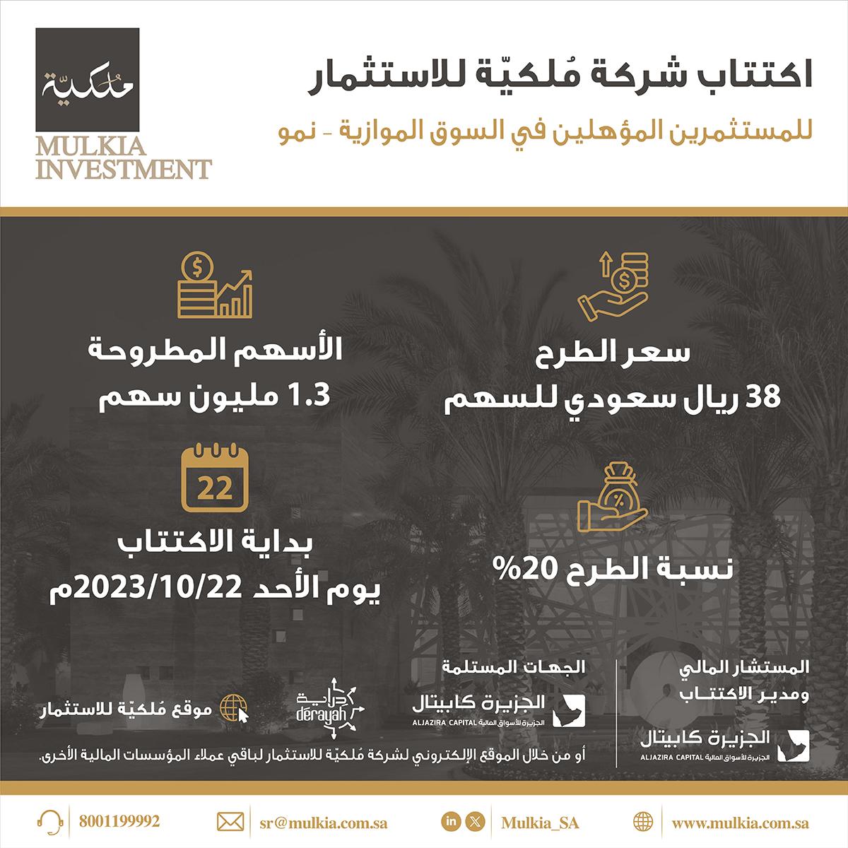 الإعلان عن تحديد سعر الطرح لأسهم شركة ملكية للاستثمار عند 38 ريالا ...